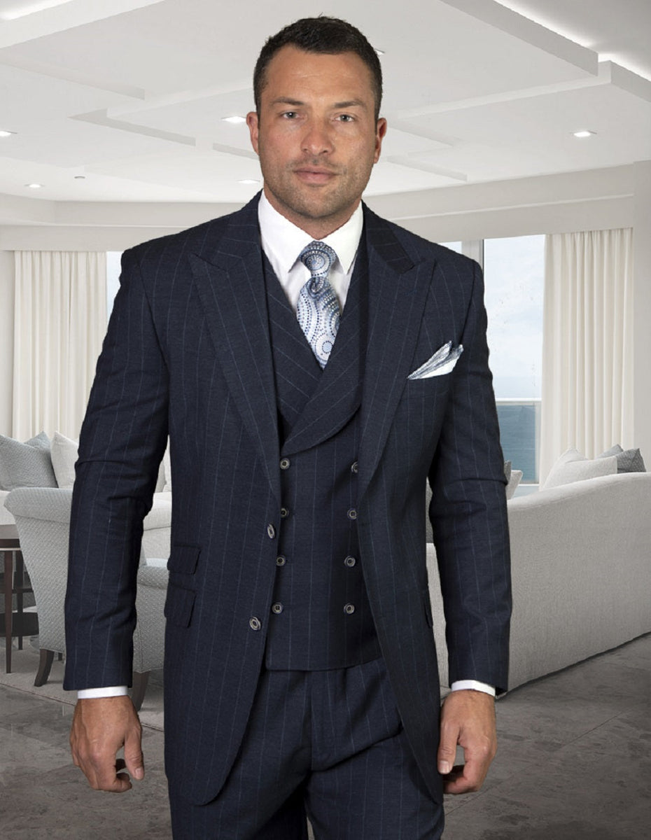 Mens Classic Fit Pleated Pant Wide Peak Lapel Wool Suit with Double Br – OvercoatUSA