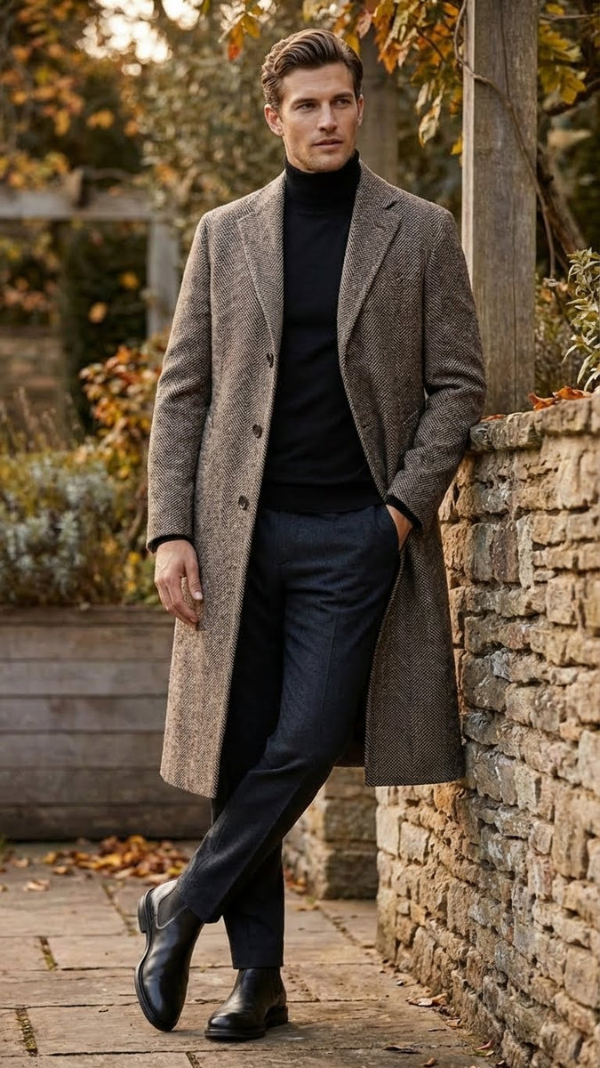 Men’s Black & Grey Herringbone Tweed Wool Blend Overcoat – Classic Sin ...