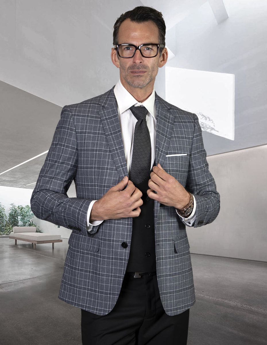 Mens 2 Button Suit with Low Cut Vest in Black Mini Plaid – OvercoatUSA