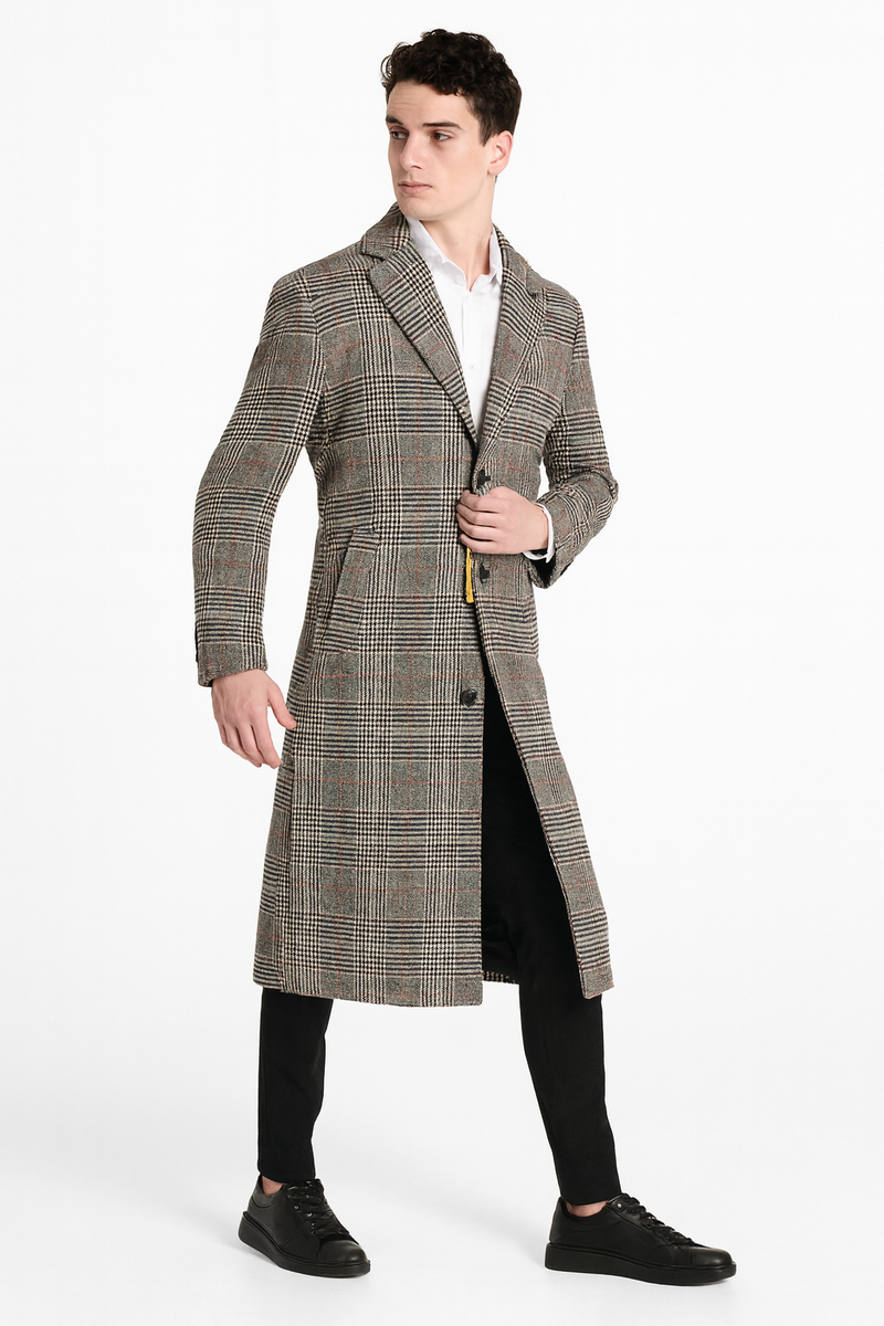 Men’s Full length Long Plaid Overcoat – Classic Checkered Wool Blend W ...