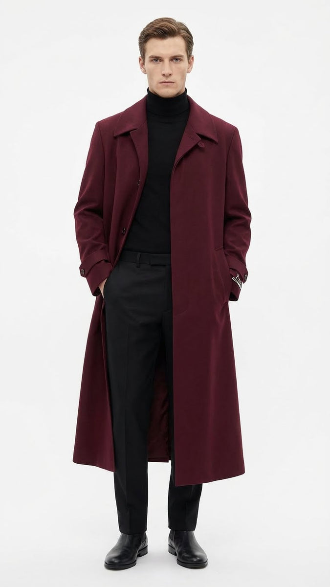 Men’s Full-Length Burgundy Overcoat – Microfiber 4 season fabric Long ...