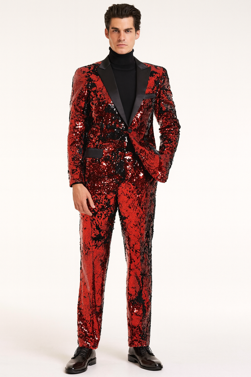 Men’s Red Sequin Tuxedo Suit with Black Lapel – Luxury Slim Fit Blazer ...