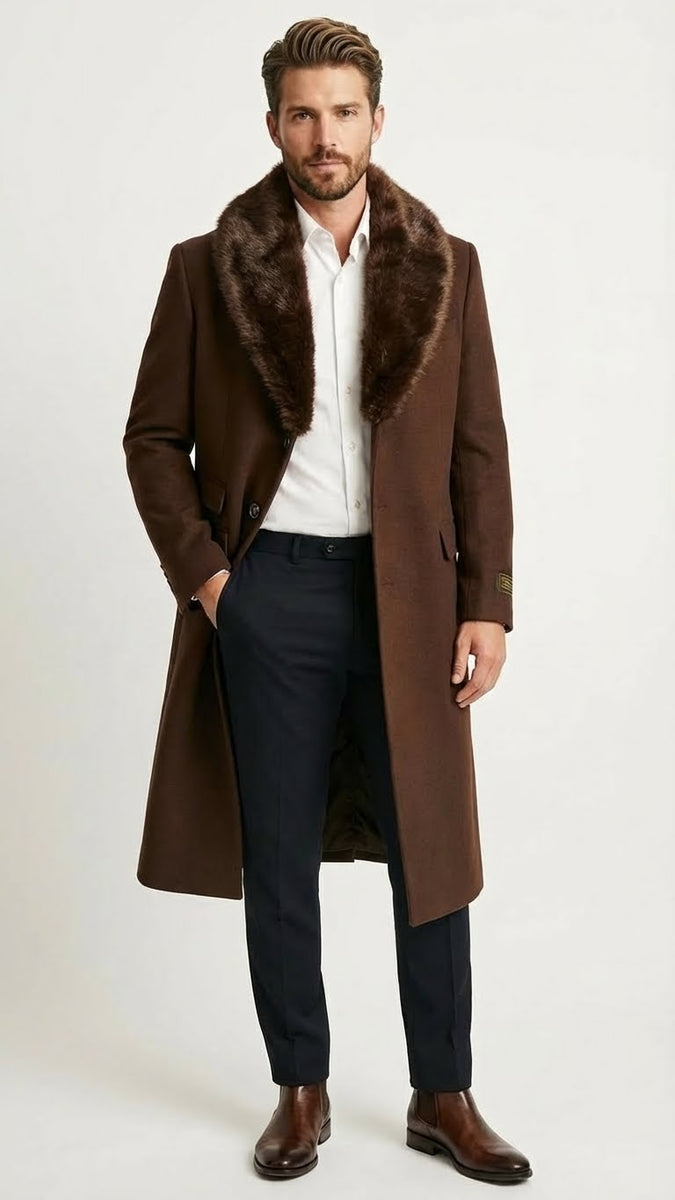 Men’s Brown Long Overcoat with Faux Fur Collar – Classic Winter Formal ...