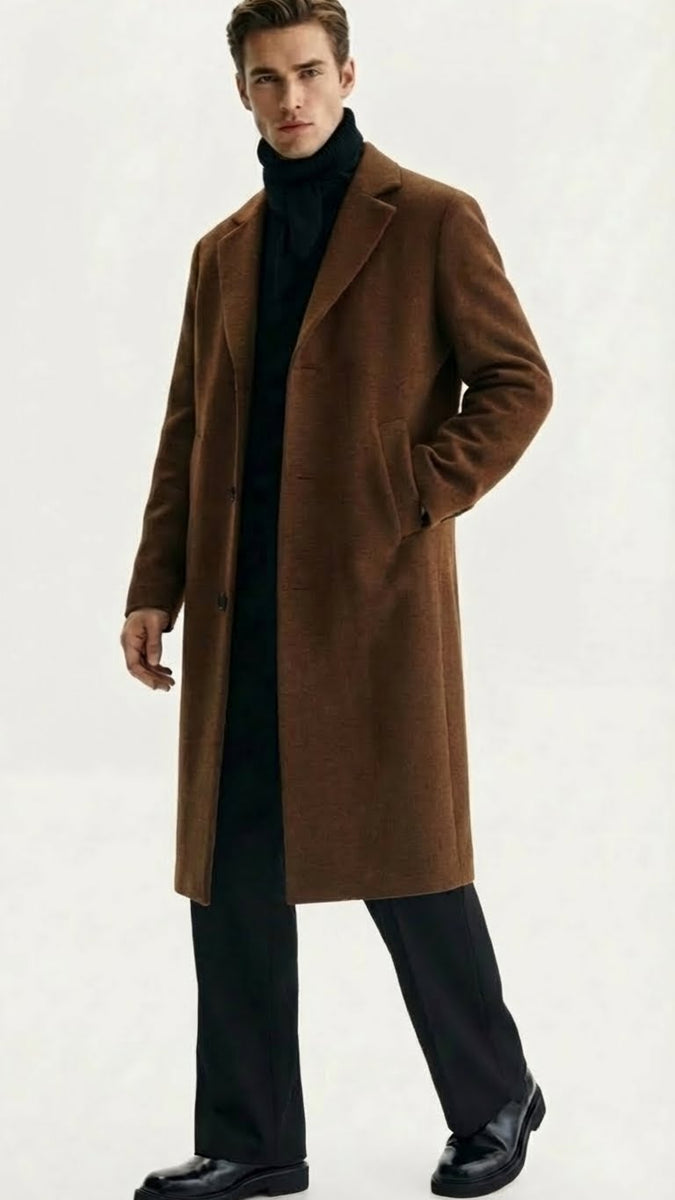 Men’s Brown Long Wool Overcoat – Topcoat Wool Carcoat Three Quarter ...