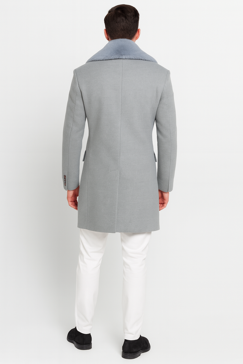 Men’s Light Grey Double Breasted Overcoat with Faux Fur Shawl Collar ...