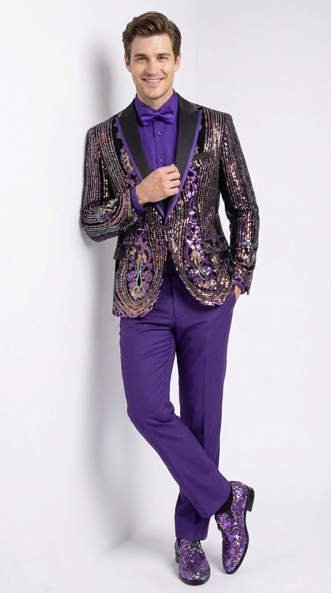 Mens Mardi Gra Black and Purple and Gold Sequin Tuxedo Jacket Set – De ...