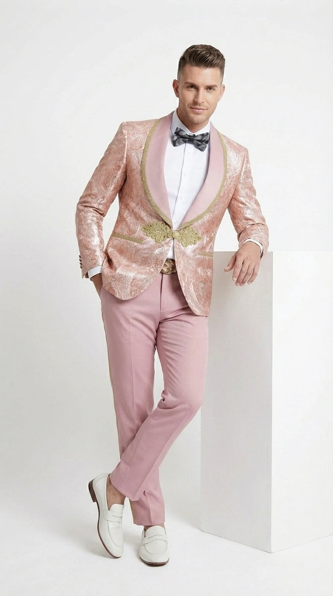 Men’s Rose Gold Pink Prom Tuxedo Suit – Slim Fit Paisley Pattern Forma ...