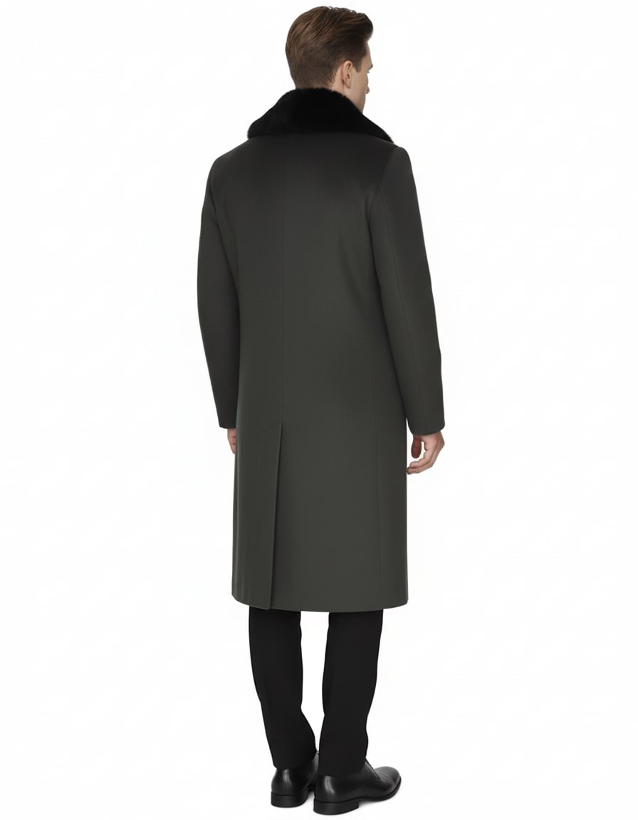 Mens Full Length Olive Overcoat with Black Fur Collar – Luxury Wool Fa ...