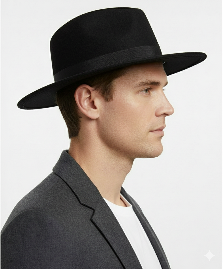 Men’s Black Wide Brim Fedora Hat – Classic Wool Felt Dress Hat with Ma ...