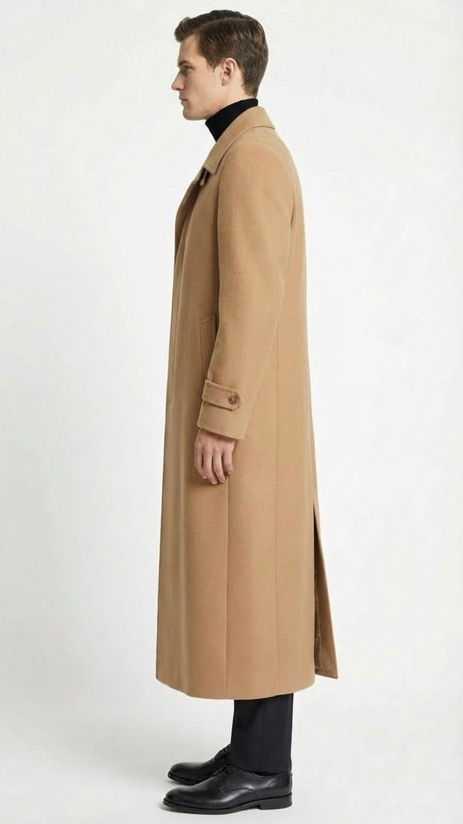 Men’s Full-Length Camel Overcoat – Classic Long Microfiber-Blend Coat ...