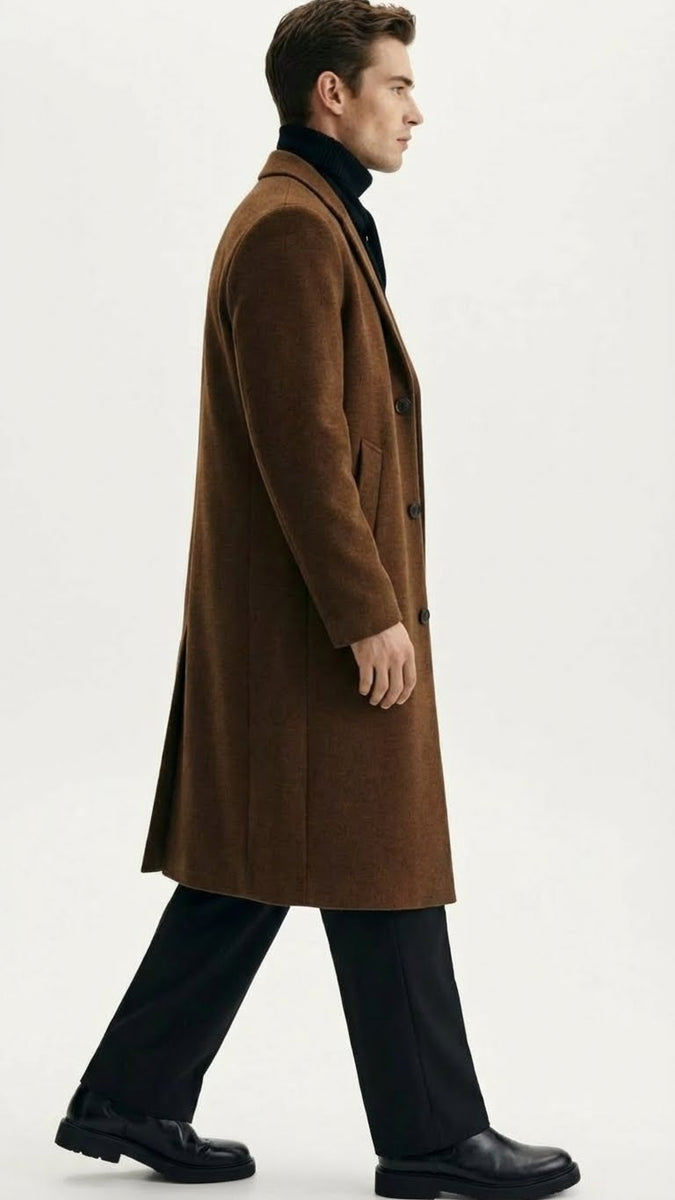 Men’s Brown Long Wool Overcoat – Topcoat Wool Carcoat Three Quarter ...