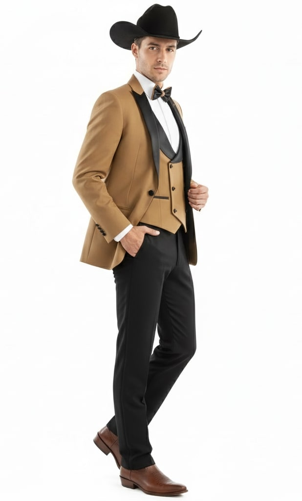 Mens Western Cowboy Tuxedo – Tan and Black 3-Piece Suit with Satin Lap ...