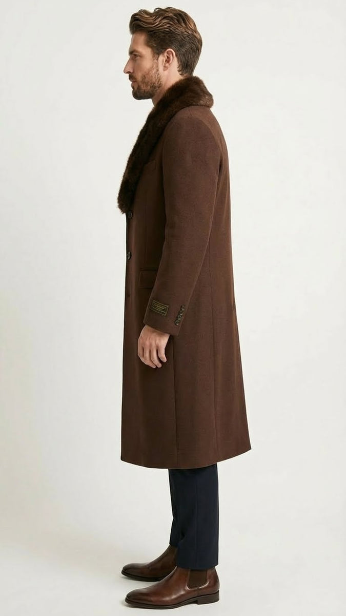 Men’s Brown Long Overcoat with Faux Fur Collar – Classic Winter Formal ...