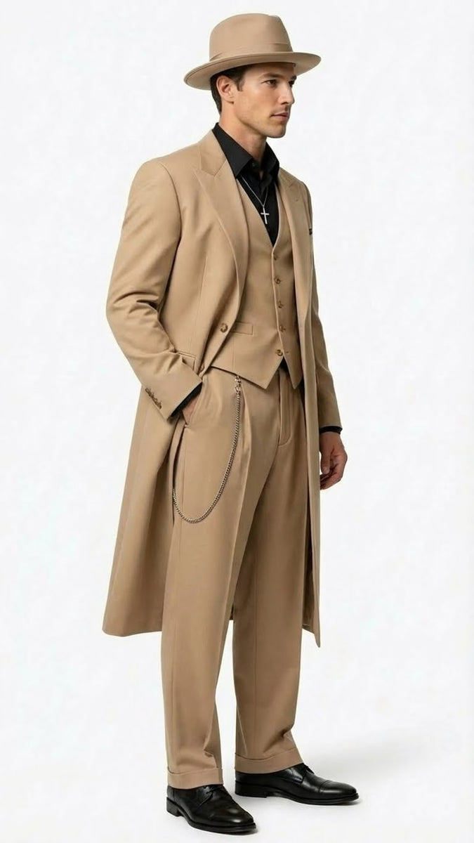 Men’s 1920s Beige Zoot Suit – Long Mafia Gangster Three-Piece Suit in ...