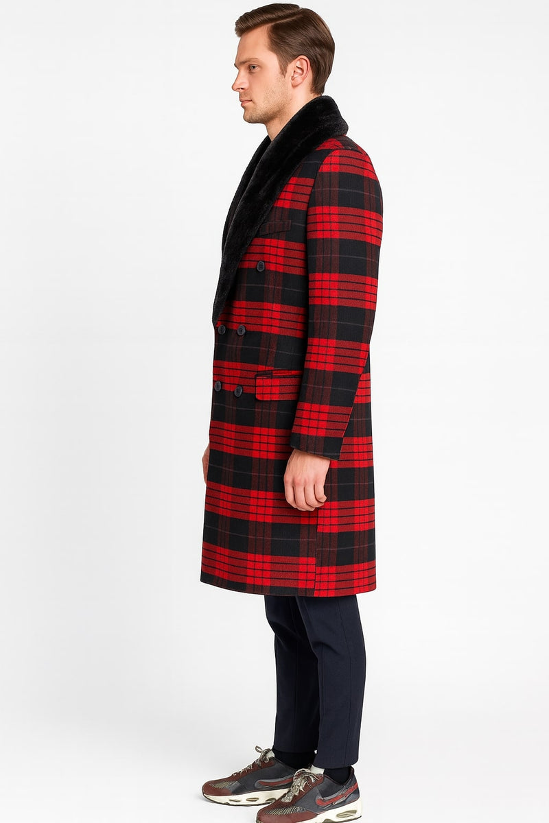 Mens Red and Black Plaid Wool Overcoat with Black Faux Fur Shawl Colla ...