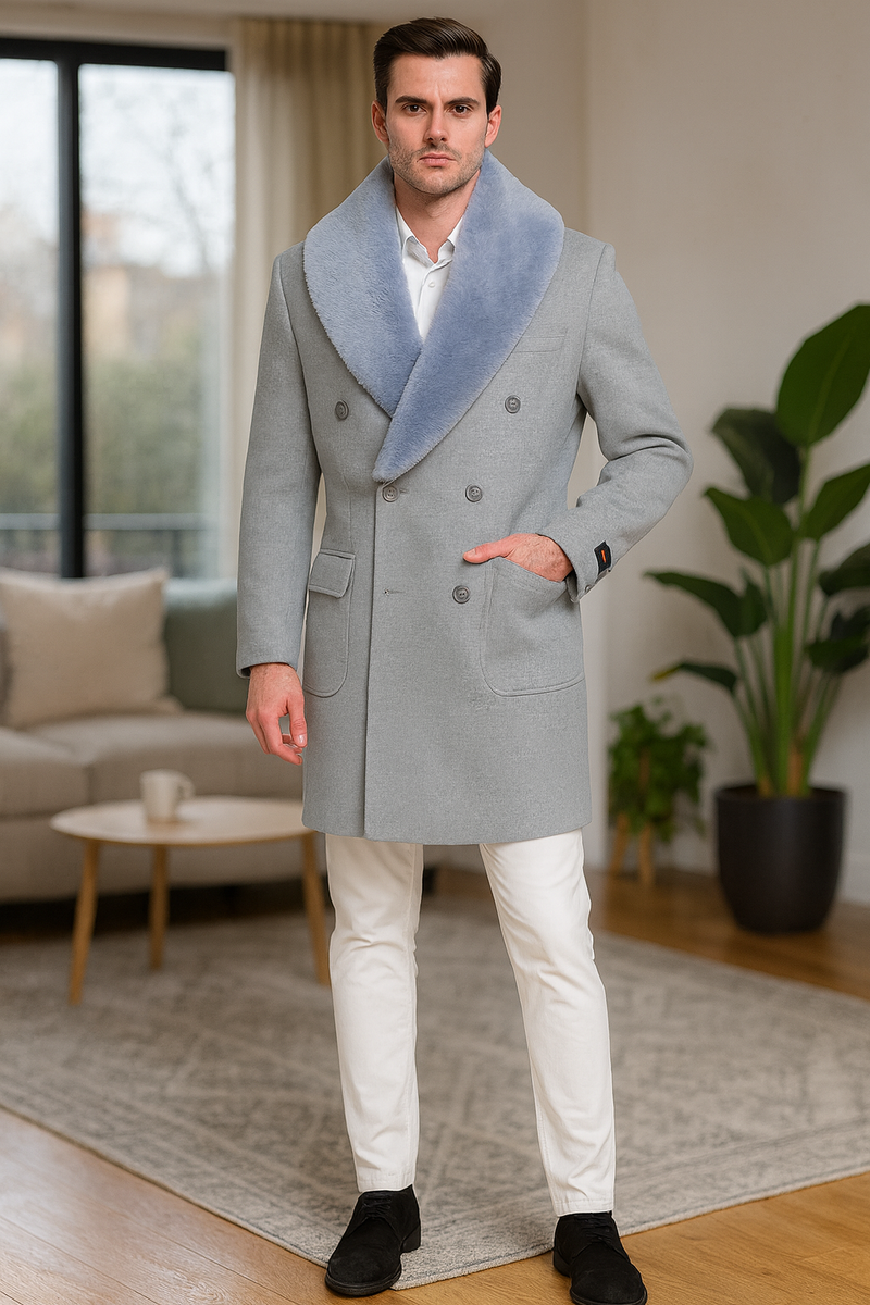 Men’s Light Grey Double Breasted Overcoat with Faux Fur Shawl Collar ...