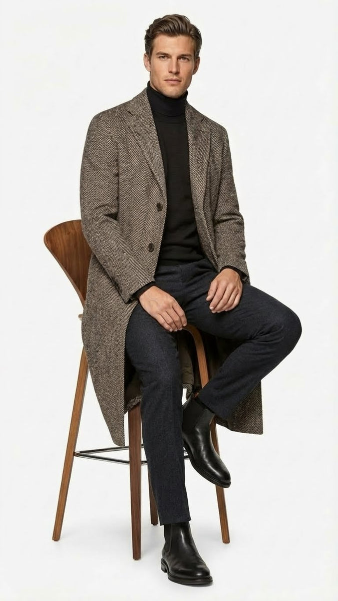 Men’s Black & Grey Herringbone Tweed Wool Blend Overcoat – Classic Sin ...