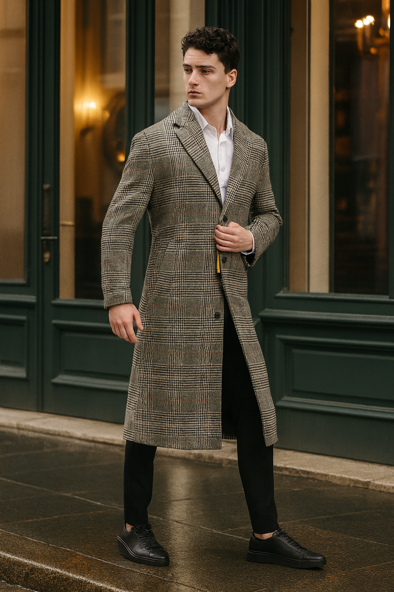 Men’s Full length Long Plaid Overcoat – Classic Checkered Wool Blend W ...