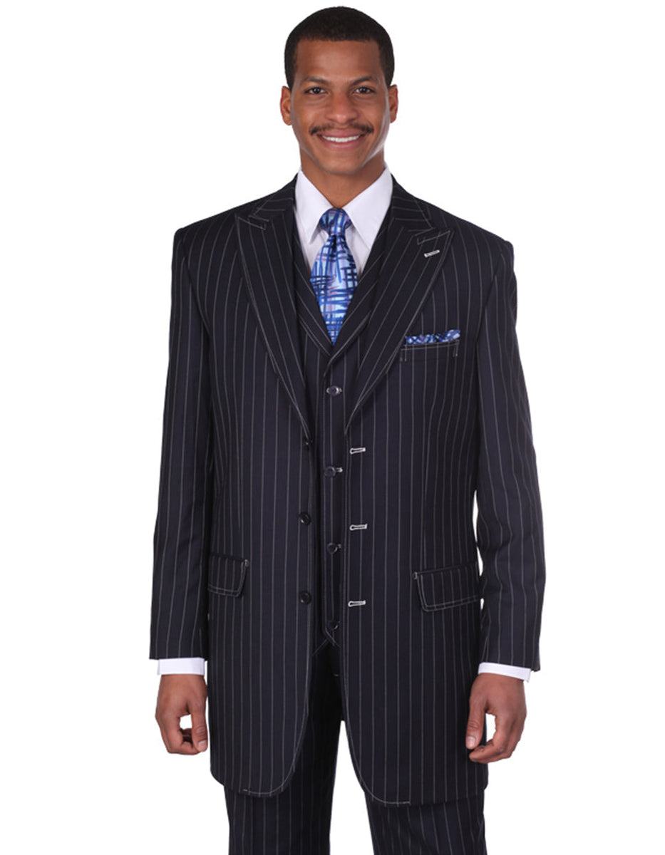 Mens 3 Button Peak Lapel Bold Pinstripe Gangster Suit in Navy Blue ...
