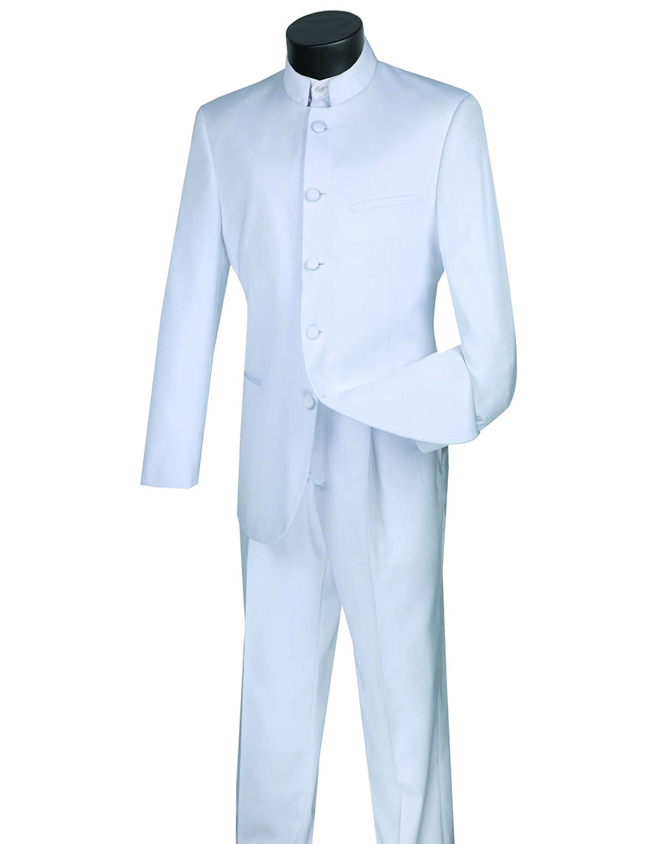 Mens 5 Button Mandarin Collar Tuxedo Suit in White – OvercoatUSA