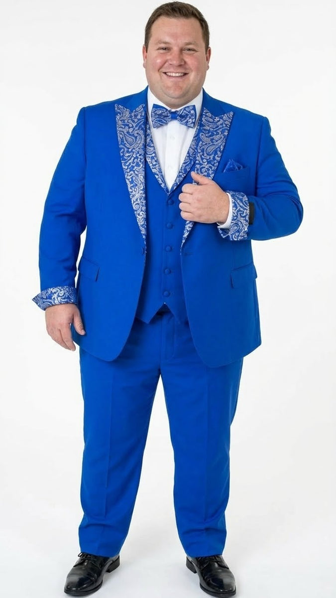 Men’s Bright Royal Blue and White lapel Embellished Tuxedo Suit – 3-Pi ...