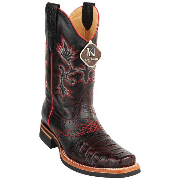 Men's King Exotic Caiman Square Toe Boots Rubber Sole & Saddle Vamp Bl ...