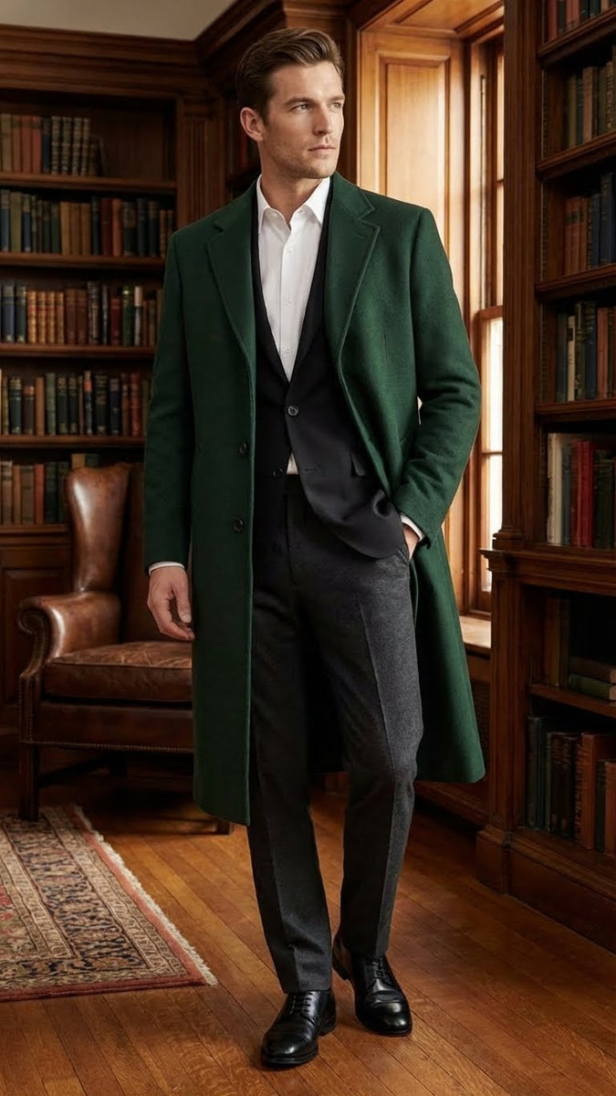 Men’s Hunter Green Full-Length Wool Overcoat – Classic Winter Dress Co ...