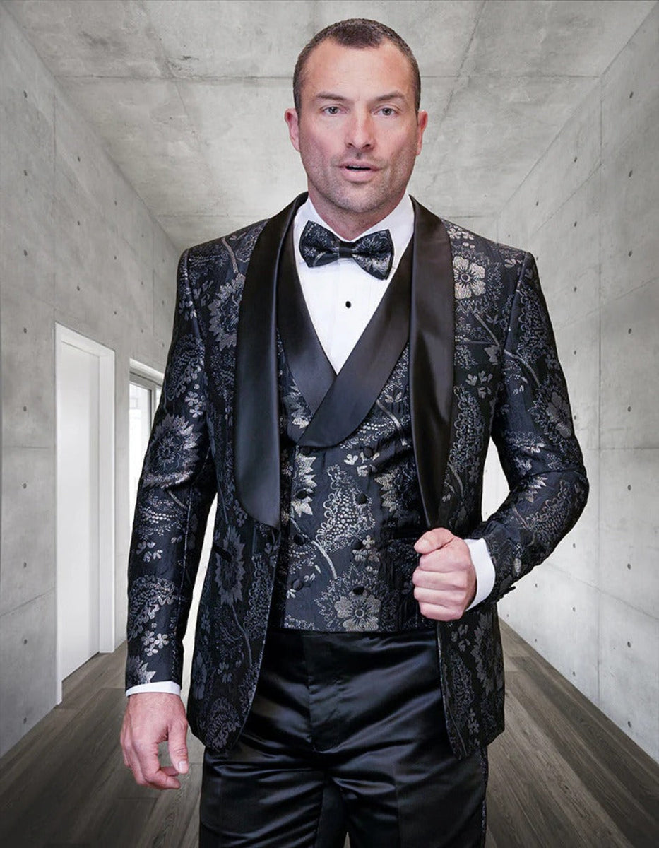 Statement Men's Black Floral Patterned Vested Tuxedo with Bowtie ...