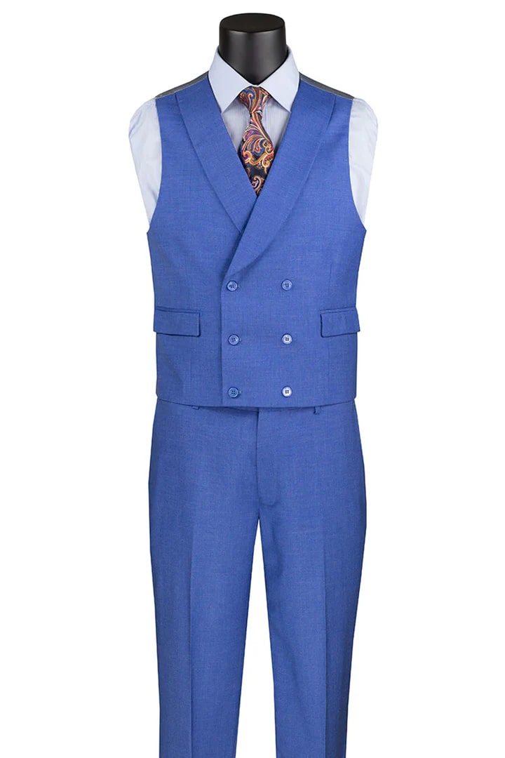Men's Summer Sharkskin Suit With Double Breasted Vest French Blue ...