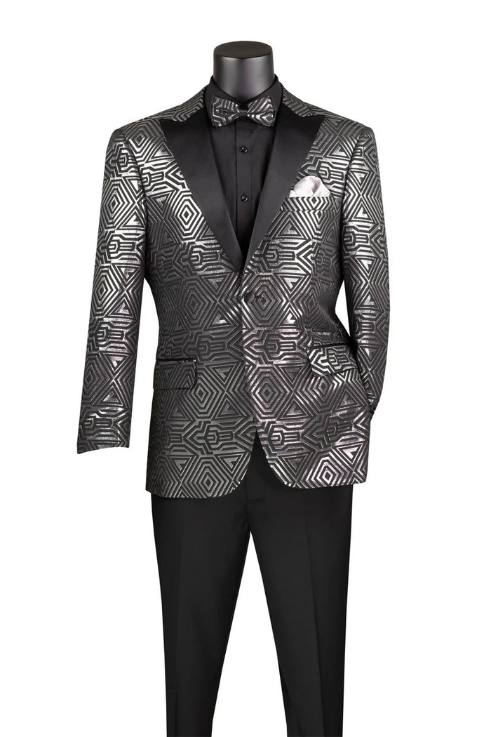 Silver Modern Fit Jacquard Jacket Metallic Design with Matching Bow Ti ...