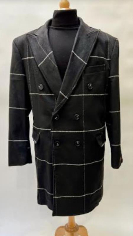 Black Plaid Overcoat - Topcoat With WindowPane Pattern Double Breasted ...