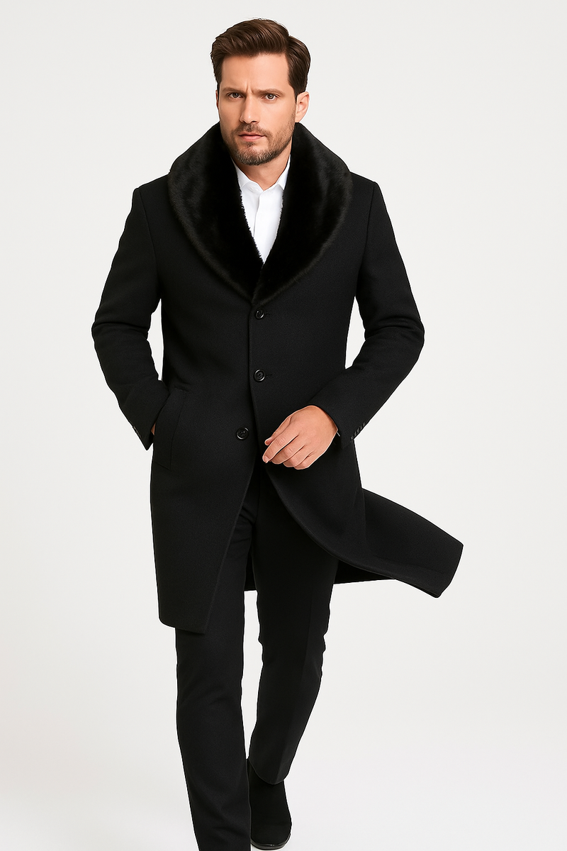 Mens Black Wool Overcoat with Black Faux Fur Collar – Luxury Winter Dr ...