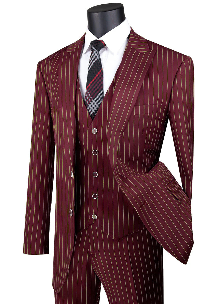 Mens Vested Gangster Pinstripe 1920's Vintage Suit in Burgundy with Go ...