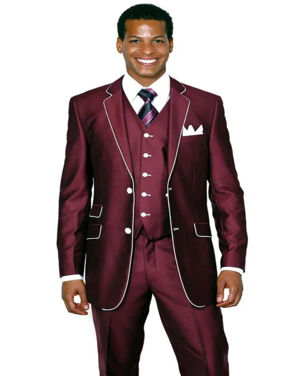 Mens Burgundy Prom Tuxedo - Maroon Wedding Dinner Shiny Suit – OvercoatUSA