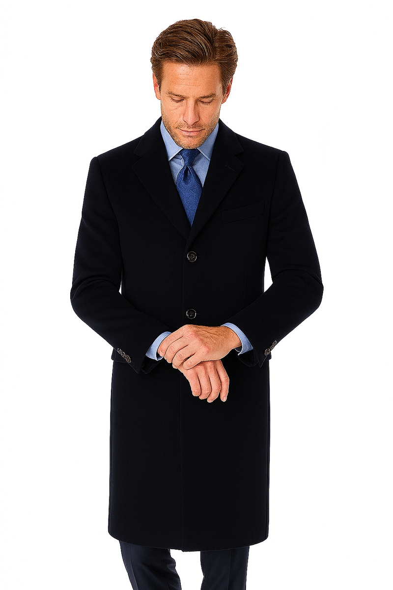 Pure Wool Full-Length Men’s Navy Overcoat – Classic Winter Dress Coat ...