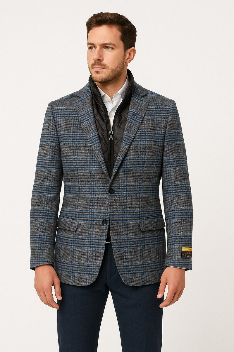 Men’s Blue & Grey Checkered Wool Blazer with Quilted Inner Layer – Alb ...