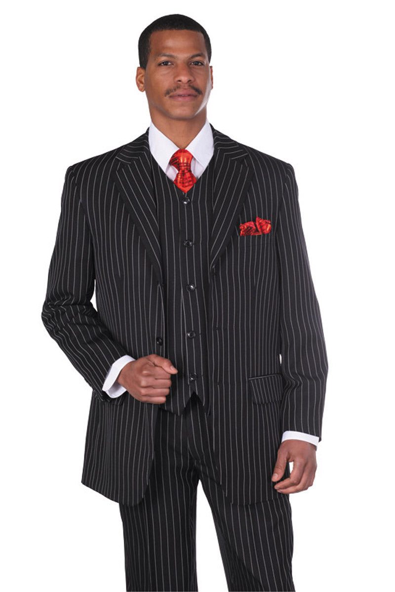 Mens 3 Button Vested 1920's Gangster Pinstripe Suit in Black Pintripe – OvercoatUSA