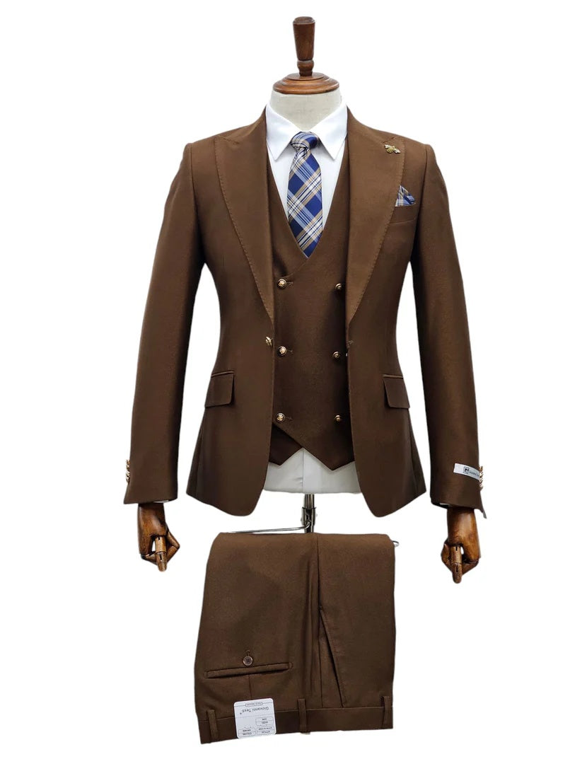 Mens Giovanni Testi Brown 3 Piece Slim Fit Suit – Peak Lapel, Double B ...