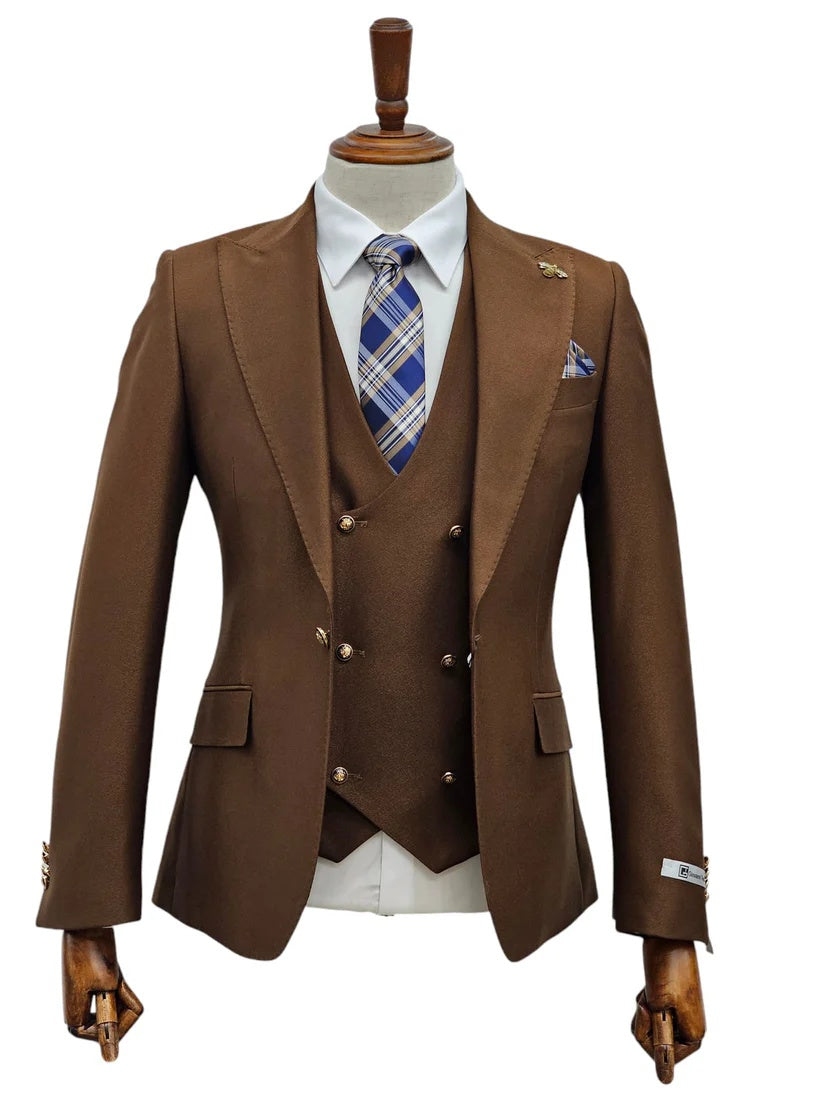 Mens Giovanni Testi Brown 3 Piece Slim Fit Suit – Peak Lapel, Double B ...