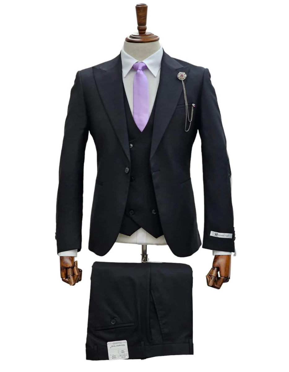 Giovanni Testi Suits With Double Breasted Vest - 3 Pieces Black Peak L ...