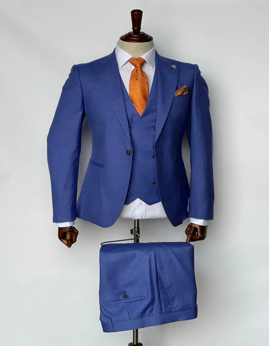 Giovanni Testi Suits With Double Breasted Vest - 3 Pieces Fiber Blue P ...