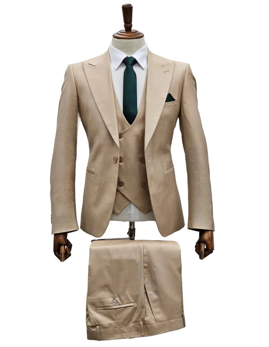 Giovanni Testi Suits With Double Breasted Vest - 3 Pieces Suit Tan Pea ...