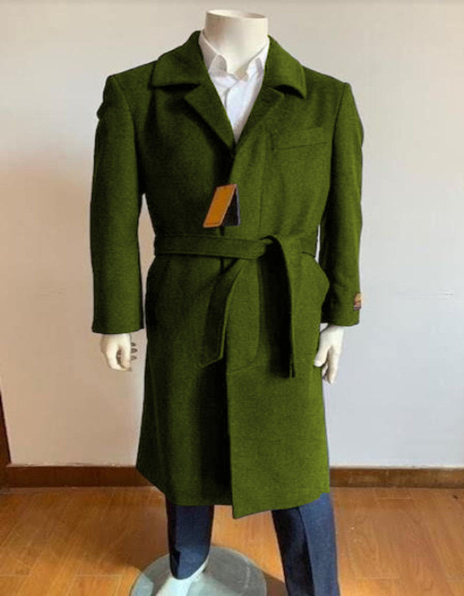 Mens Solid Olive Green 100% Wool Gabardine Belted Duster Overcoat ...
