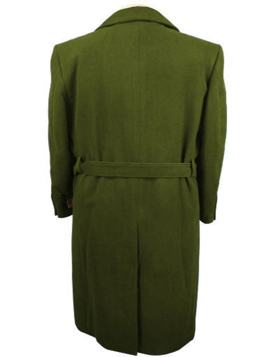 Mens Solid Olive Green 100% Wool Gabardine Belted Duster Overcoat ...