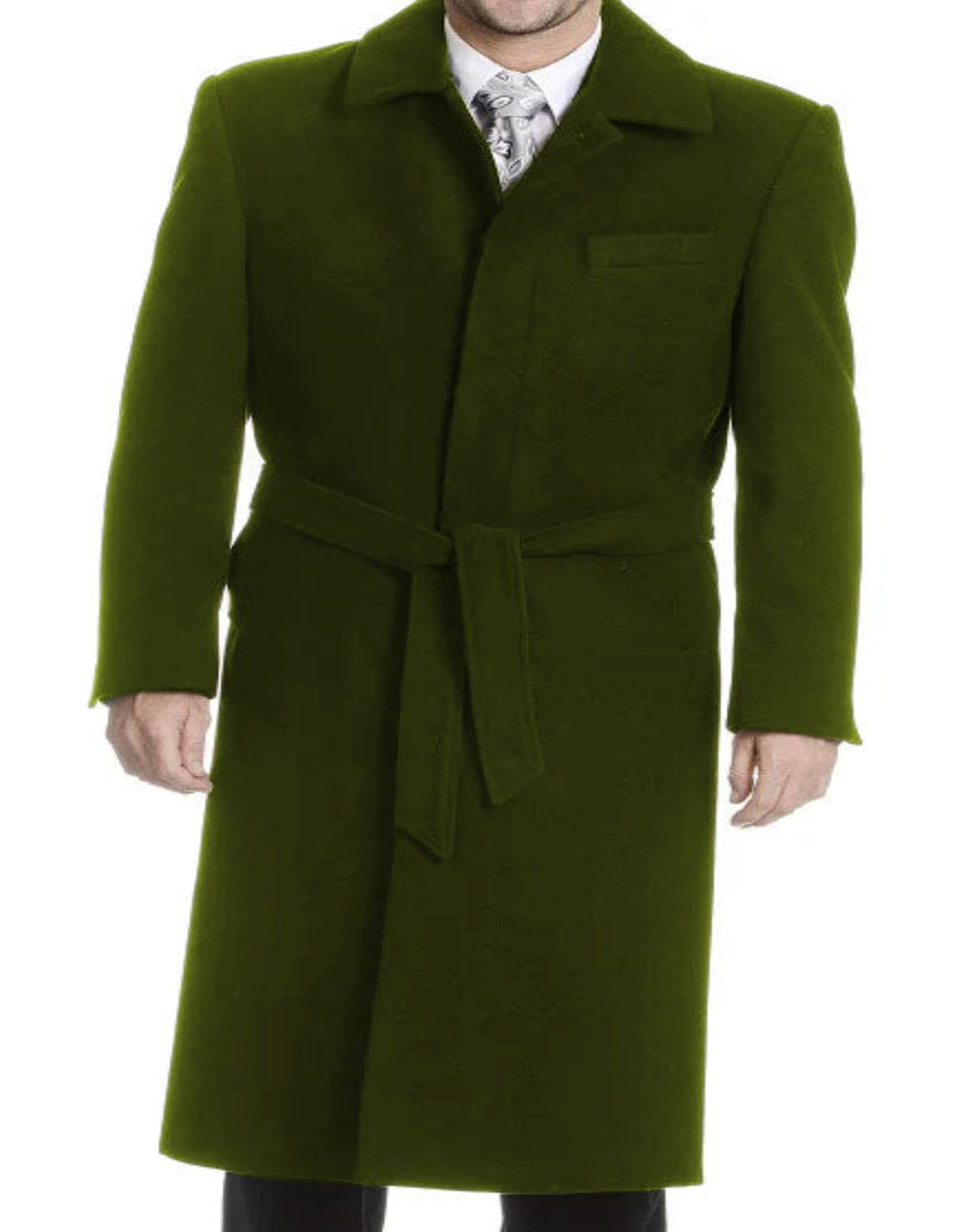 Mens Solid Olive Green 100% Wool Gabardine Belted Duster Overcoat ...