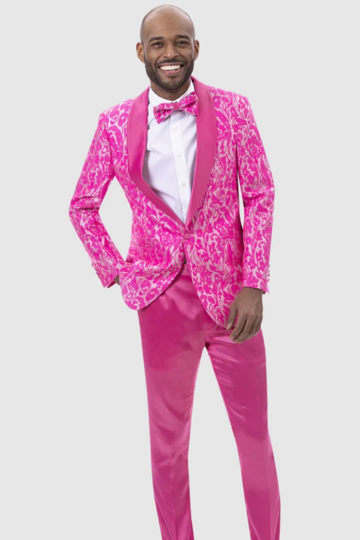 Mens Slim Fit Two Piece Brocade Paisley Hot Pink Prom Tuxedo – OvercoatUSA