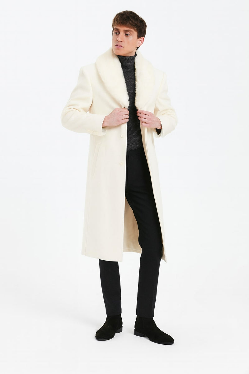 Mens Ivory Full-Length Overcoat with Luxurious Faux Fur Shawl Collar ...