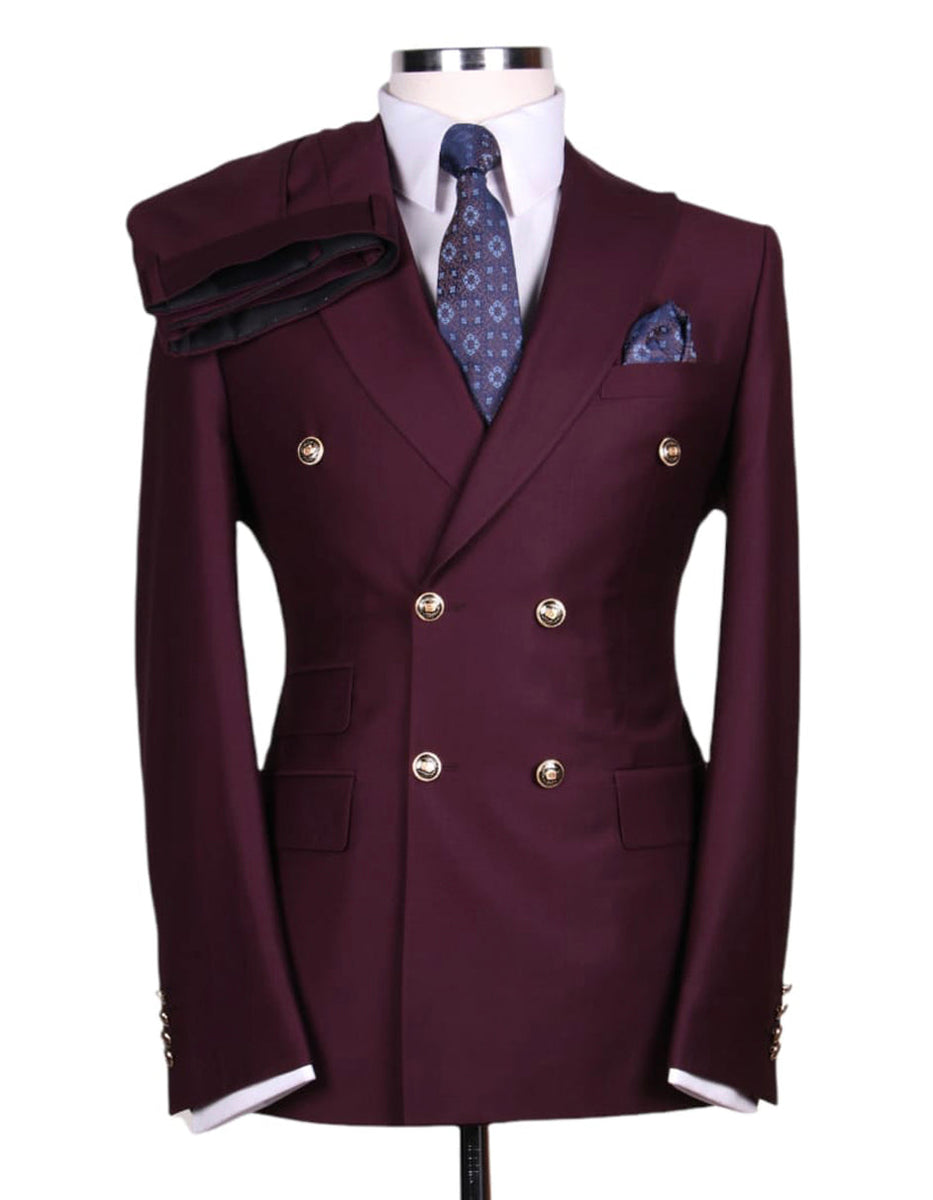 Designer Mens Double Breasted Gold Button Suit in Burgundy – OvercoatUSA