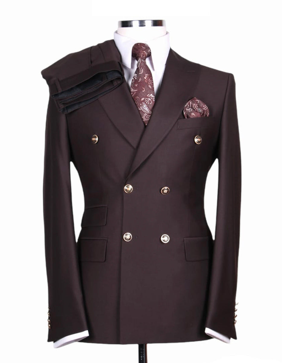 Designer Mens Double Breasted Gold Button Suit in Brown – OvercoatUSA