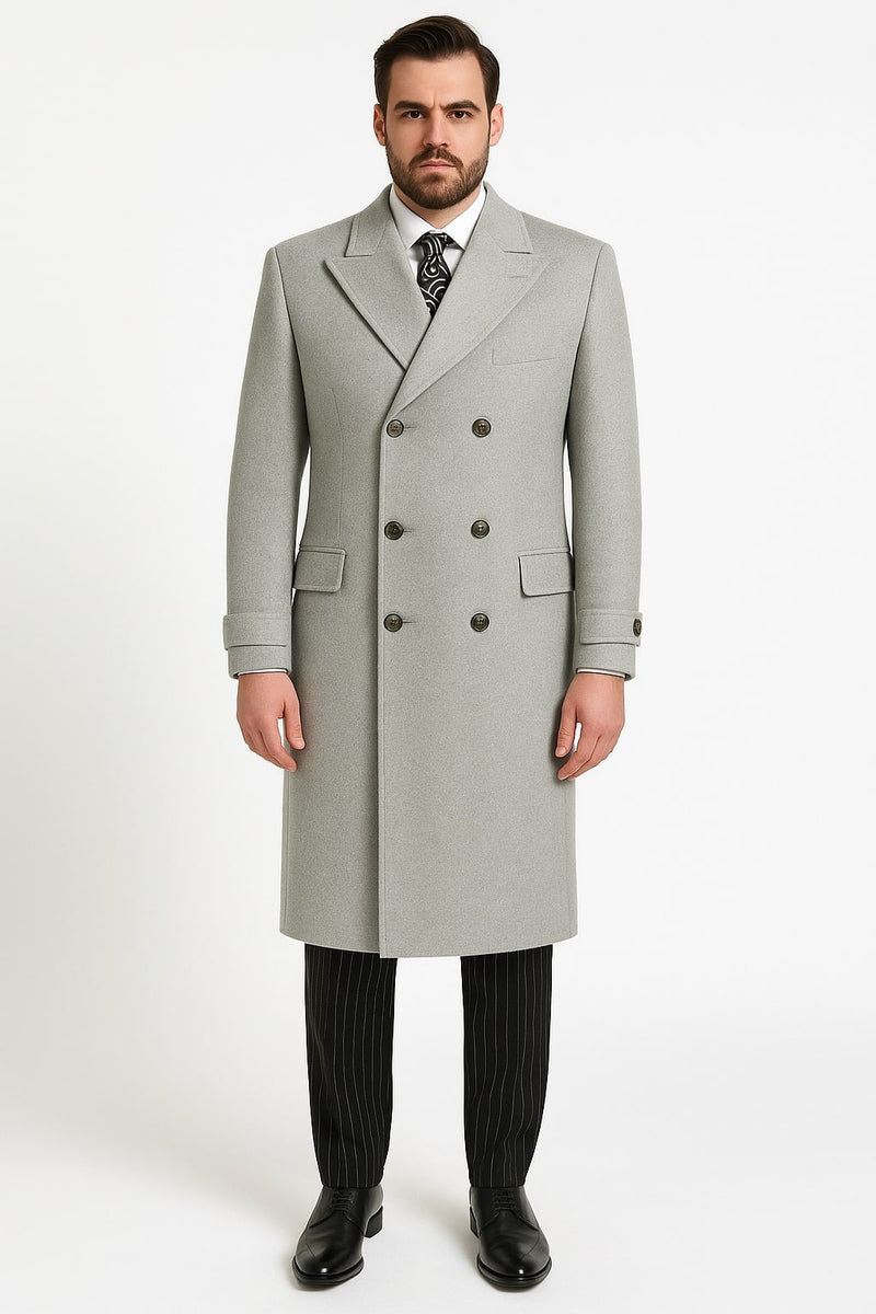 Mens Light Gray Double-Breasted Wool Overcoat – Classic Long Dress Coa ...